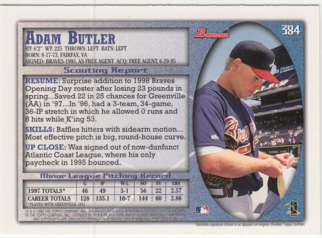 1998 Bowman Adam Butler #384 on Kronozio