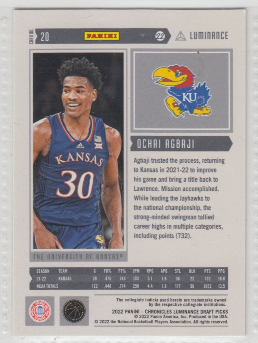 2022-23 Panini Chronicles Draft Picks luminance Ochai Agbaji #20 on ...