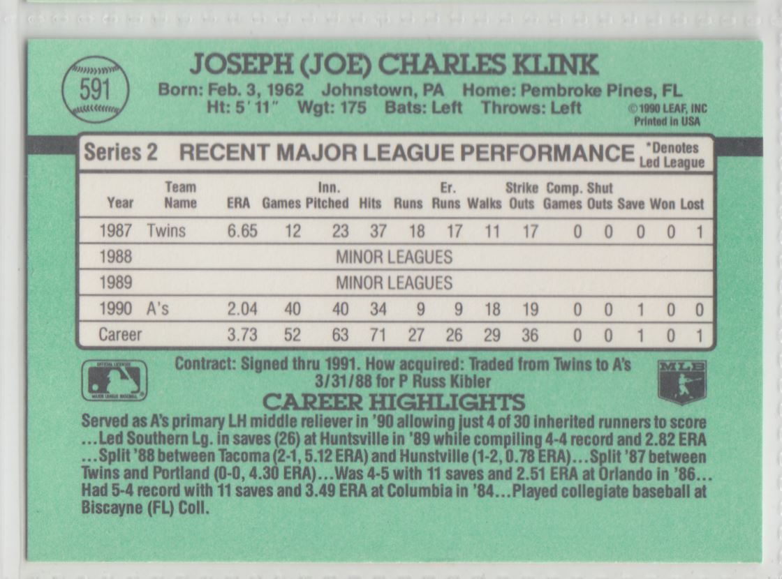 1991 Donruss Joe Klink #591 on Kronozio