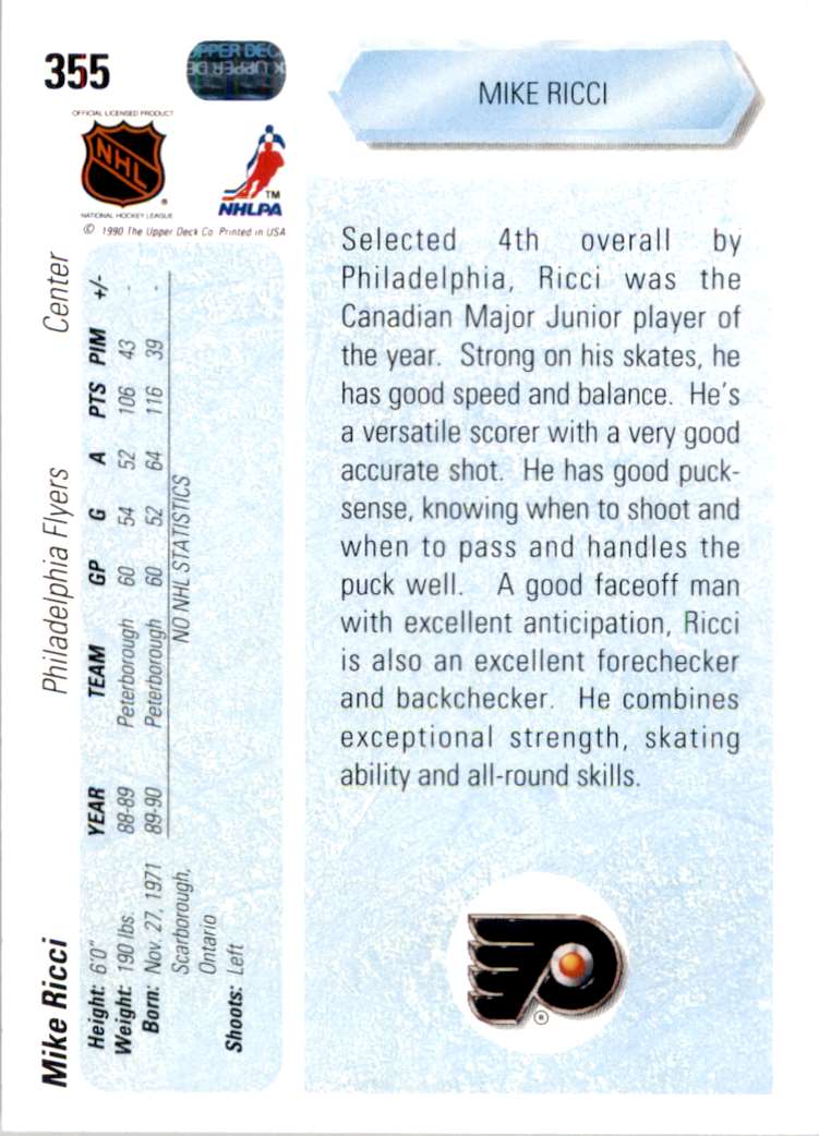 1990-91 Upper Deck Mike Ricci RC #355 on Kronozio
