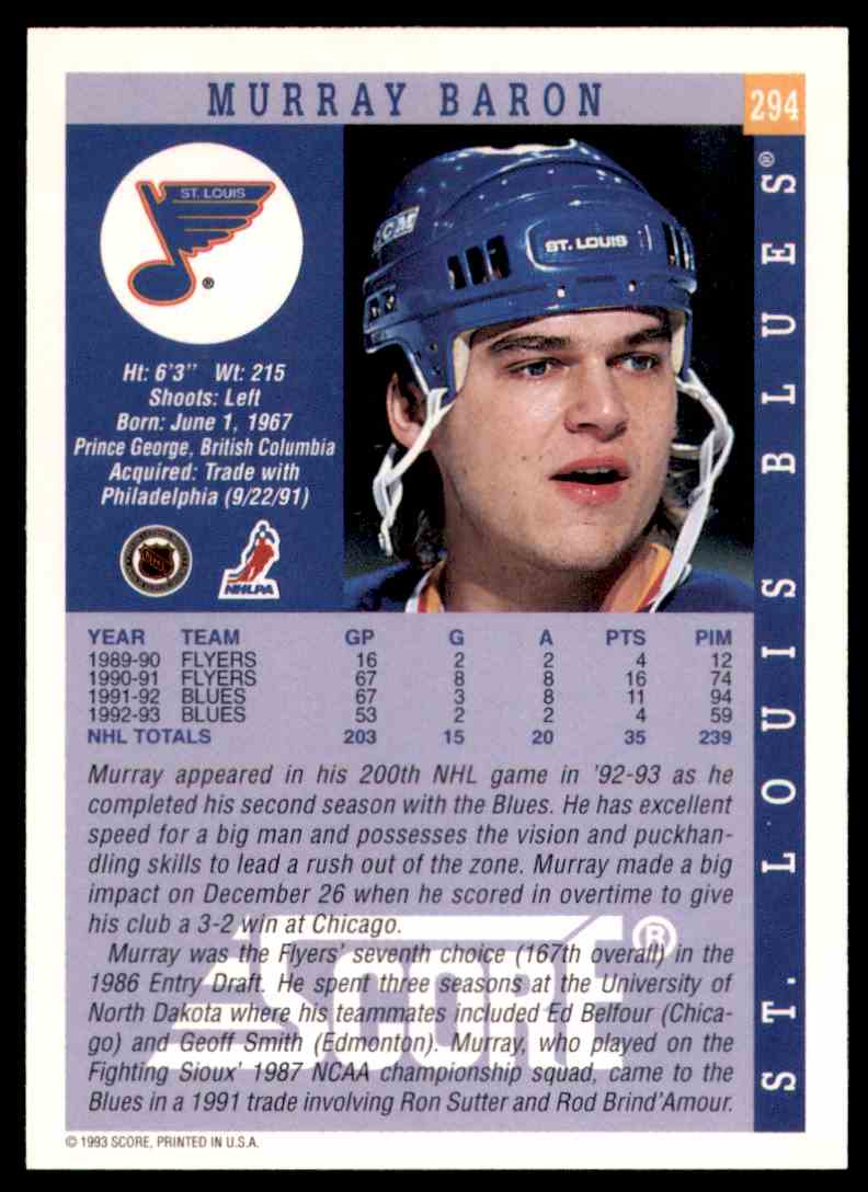 1993-94 Score Murray Baron #294 on Kronozio
