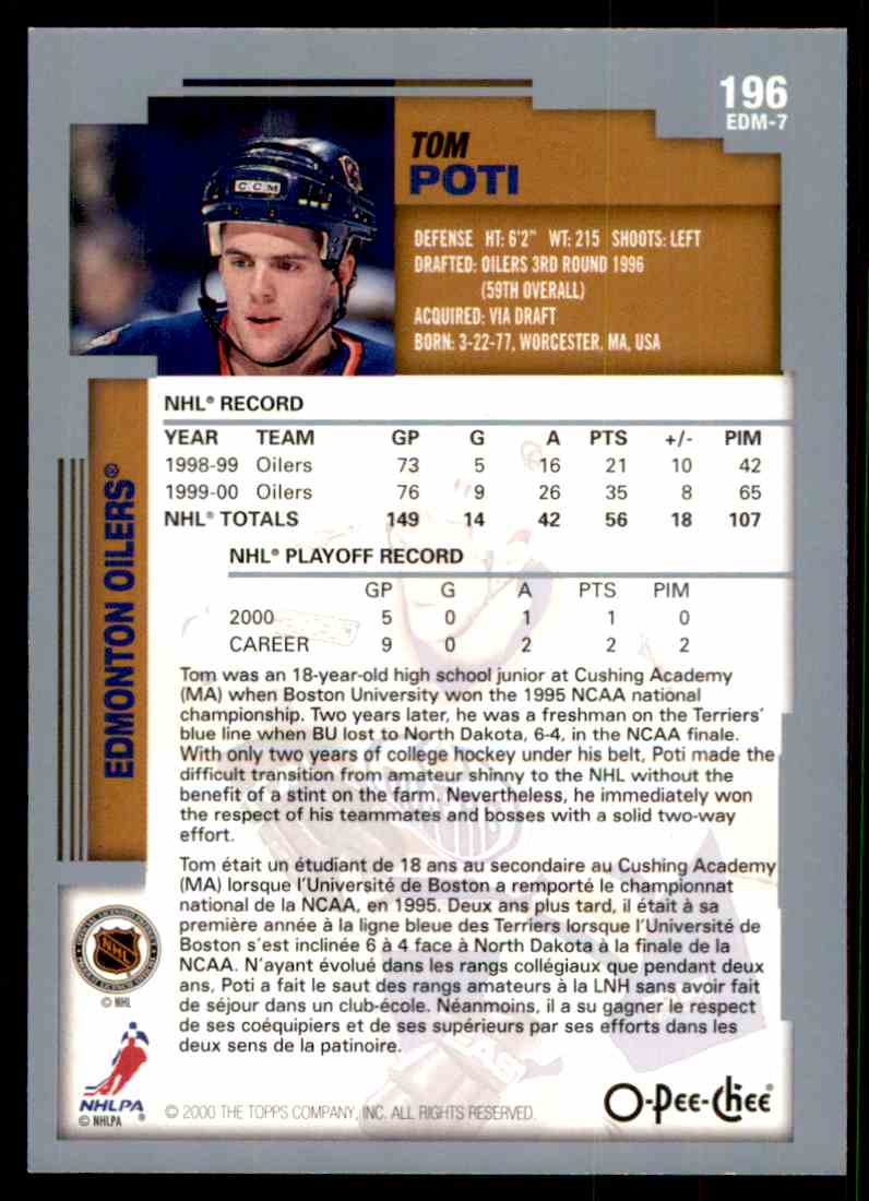 2000-01 O-PEE-CHEE TOM POTI #196 | eBay