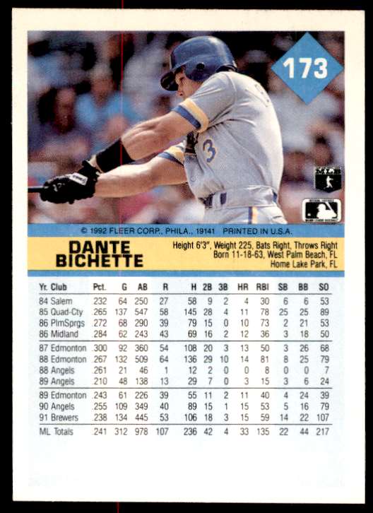 1992 Fleer Dante Bichette #173 on Kronozio
