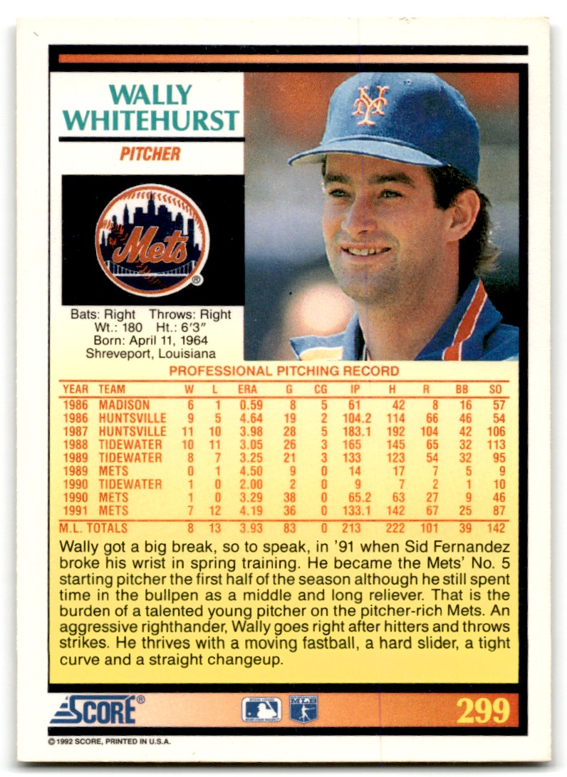 1992 Score Wally Whitehurst #299 on Kronozio