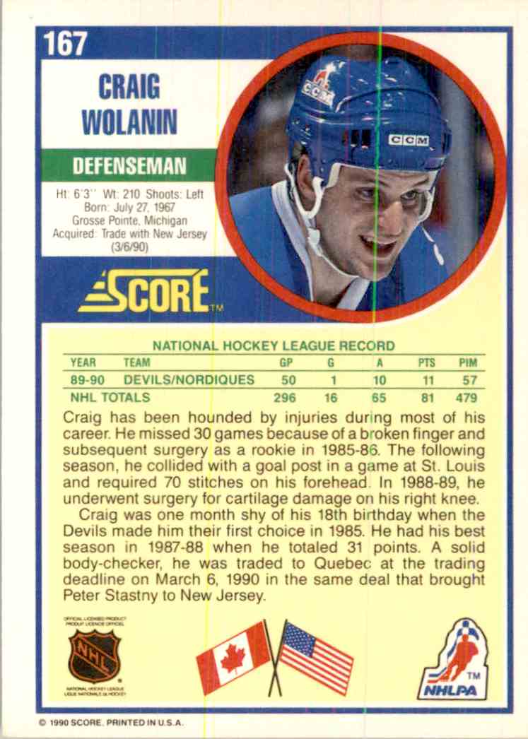1990-91 Score NHL Craig Wolanin #167 on Kronozio