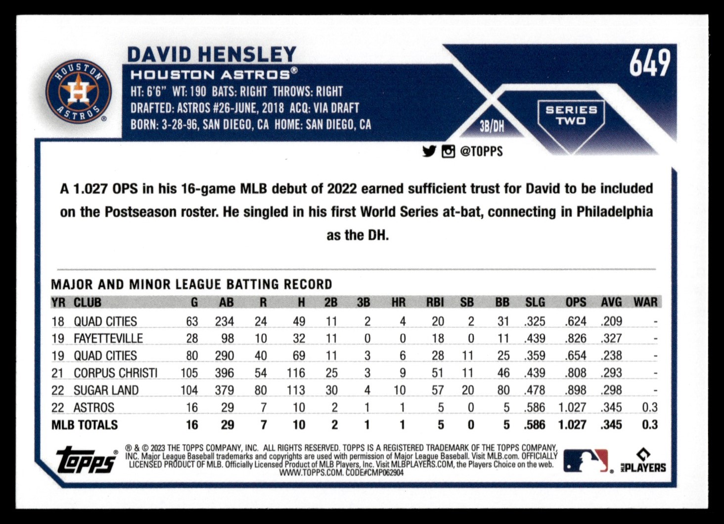 2023 Topps David Hensley #649 on Kronozio