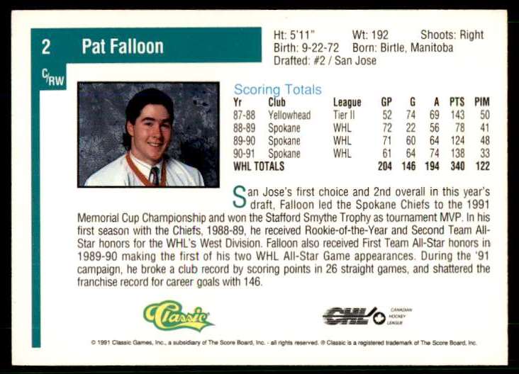 1991-92 Premiere Classic Edition Pat Falloon #2 on Kronozio
