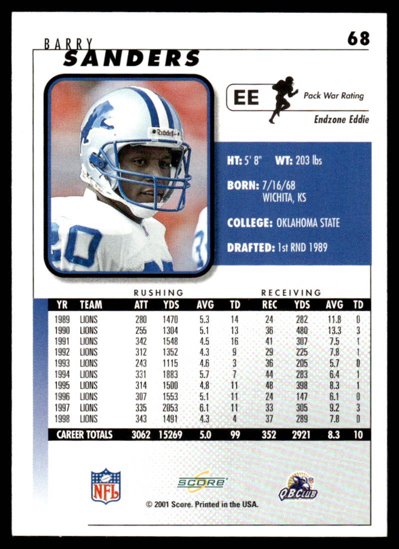 2001 Score Barry Sanders #68 on Kronozio