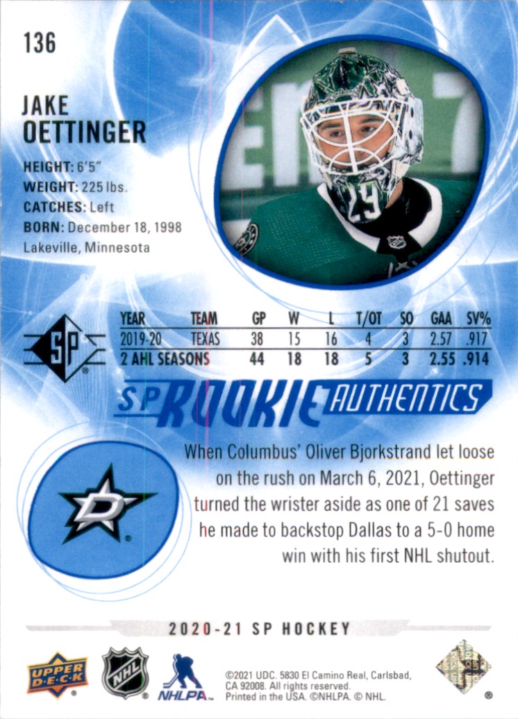 2020-21 SP Blue Jake Oettinger #136 on Kronozio