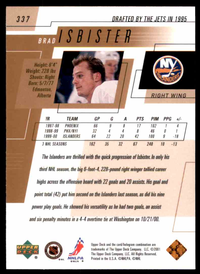 2000-01 Upper Deck Brad Isbister #337 on Kronozio