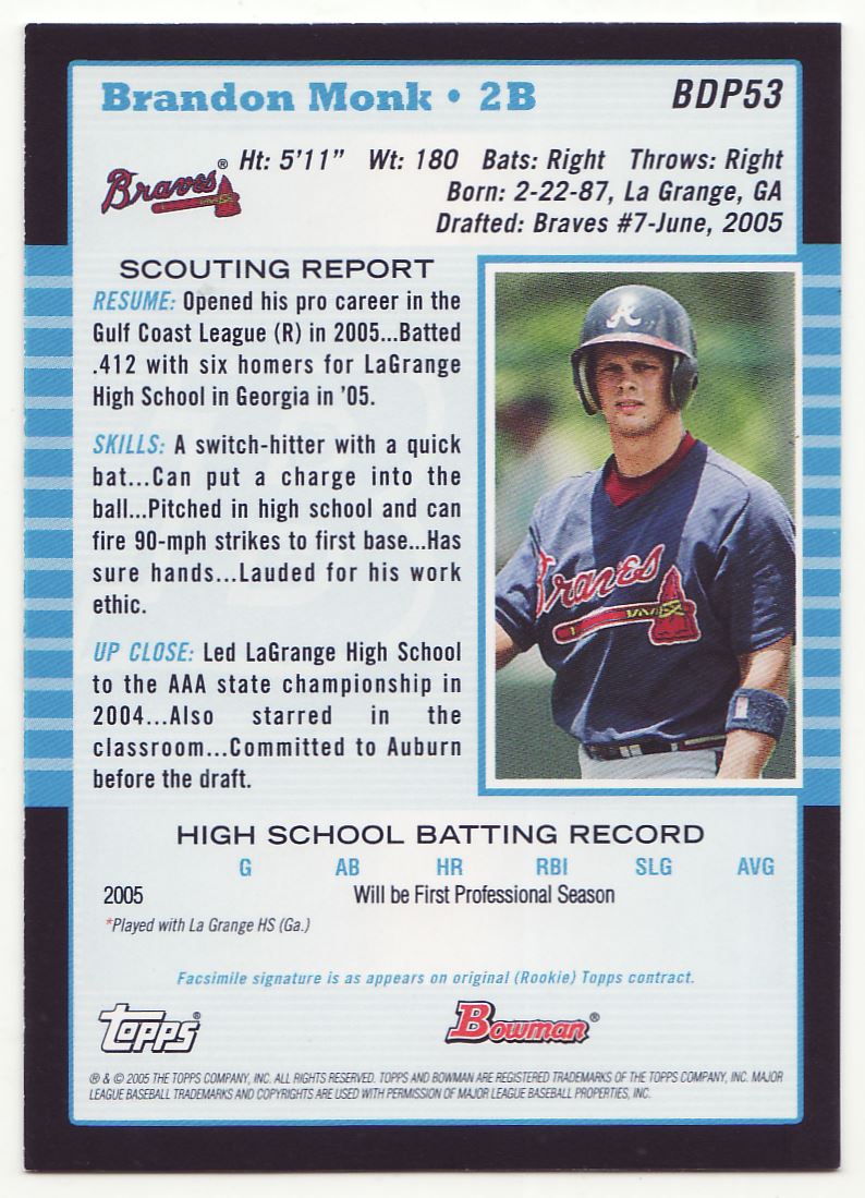 2005 Bowman Draft Picks & Prospects Brandon Monk #BDP53 on Kronozio