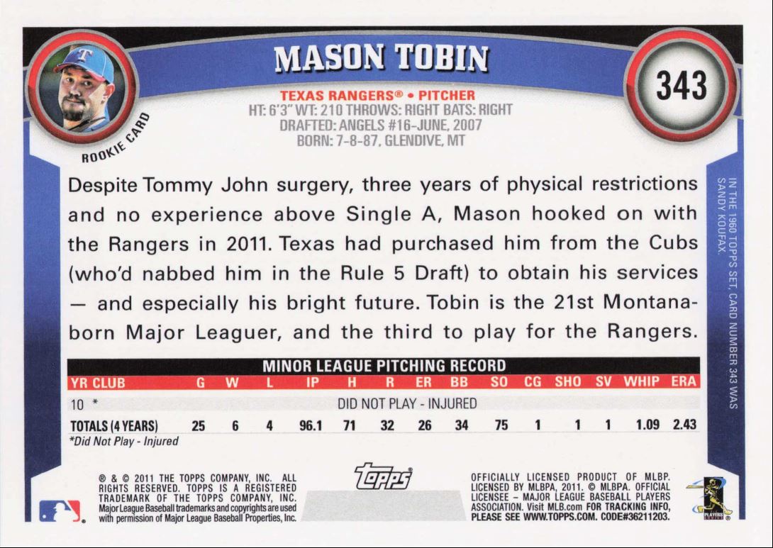 2011 Topps Mason Tobin #343 on Kronozio