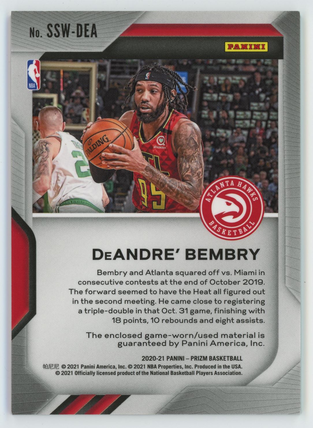 2020-21 Panini Prizm Sensational Swatches DeAndre' Bembry #SSW-DEA on ...