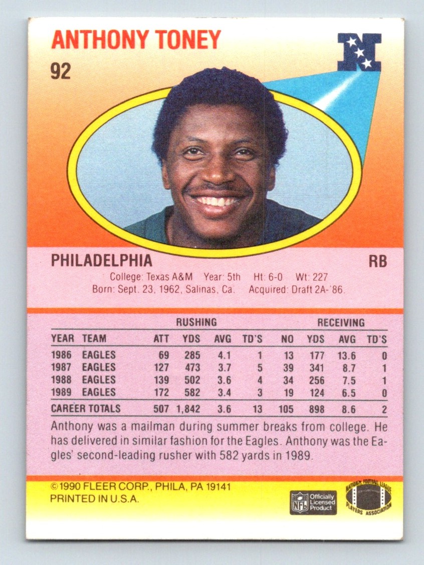 1990 Fleer Anthony Toney #92 on Kronozio