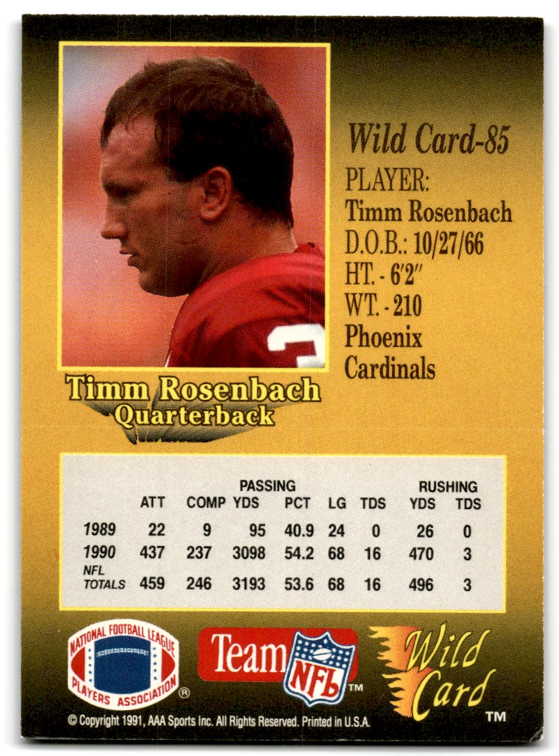 1991 Premier NFL Edition Wild Card Timm Rosenbach #85 on Kronozio