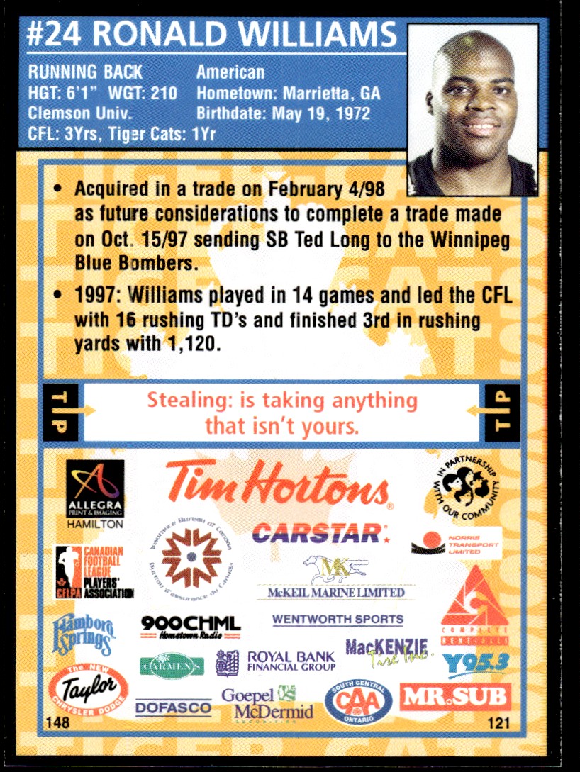 1998 Tim Hortons Hamilton Wentworth Police Ronald Williams 24 On Kronozio 9290