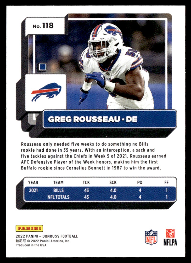2022 Panini Donruss Greg Rousseau #118 on Kronozio