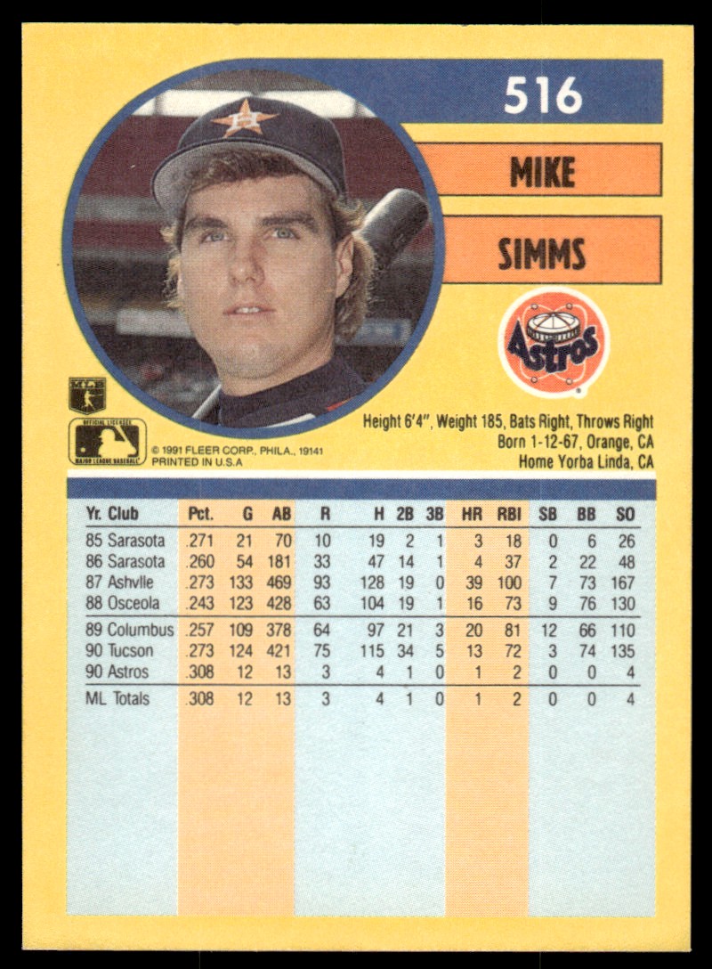 1991 Fleer Baseball Card Mike Simms Houston Astros #516 | eBay