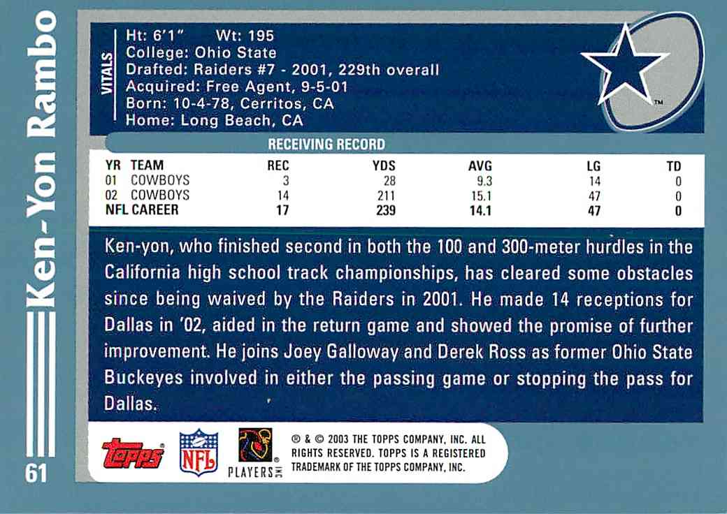 2003 Topps Ken-Yon Rambo #61 on Kronozio