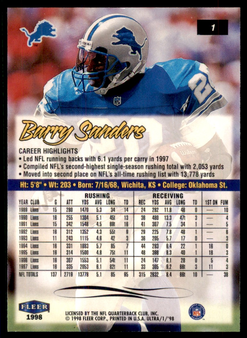 1998 Ultra Barry Sanders #1 on Kronozio
