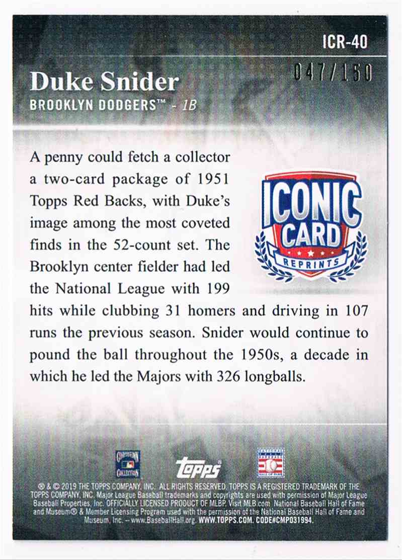 2019 Topps Baseball Iconic Card Reprints Ed Duke Snider #ICR-40 on Kronozio