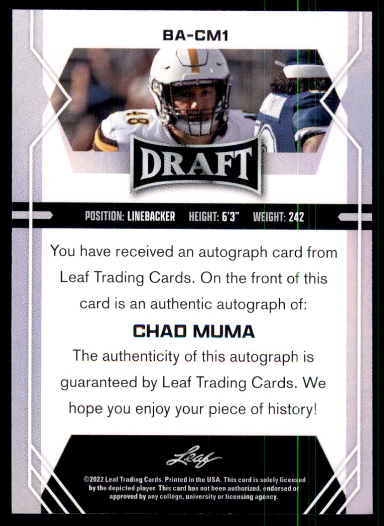 2022 Leaf Draft Blue Autographs Chad Muma #BA-CM1 on Kronozio