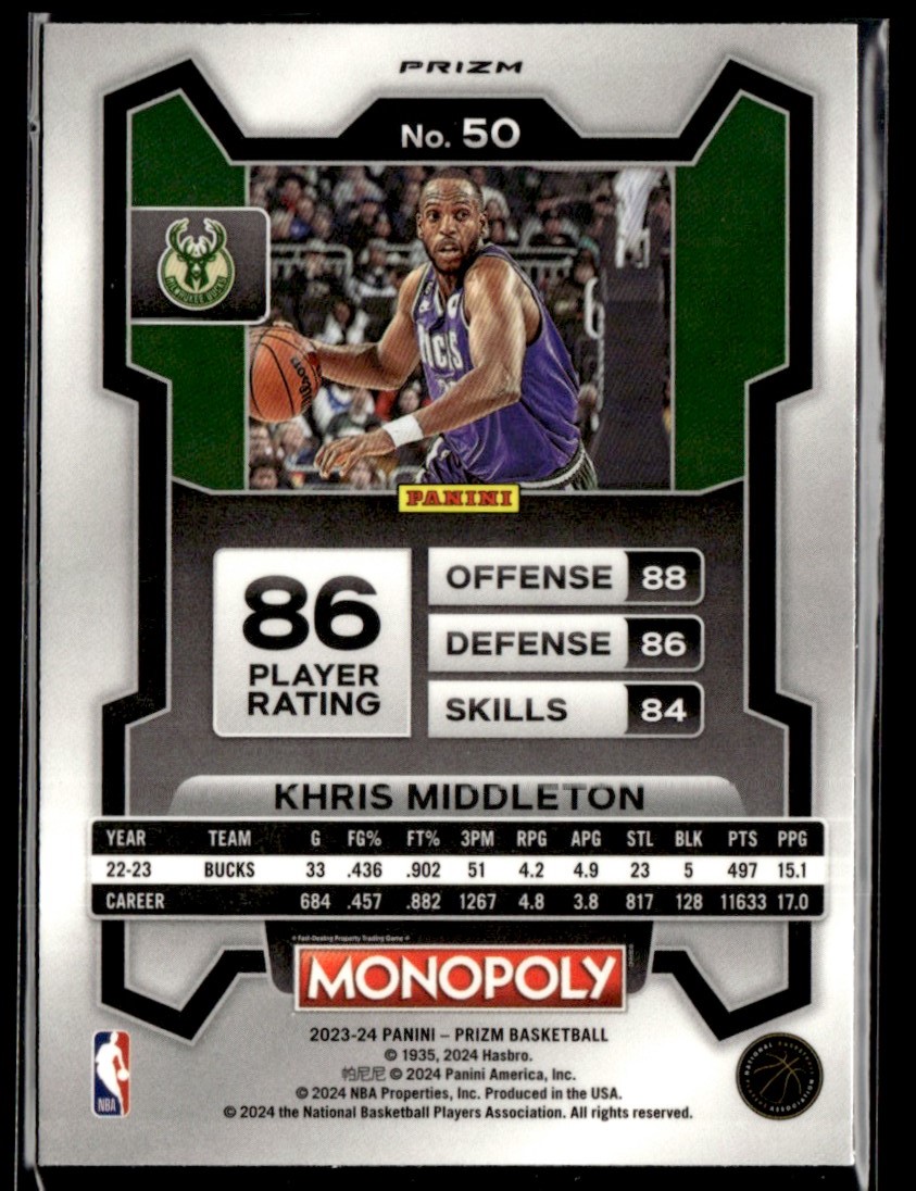 2023-24 Prizm Monopoly Purple Khris Middleton #50 on Kronozio