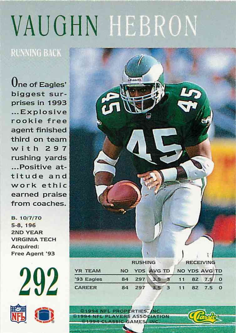 1994 Classic/Scoreboard Pro Line Live Vaughn Hebron #292 on Kronozio