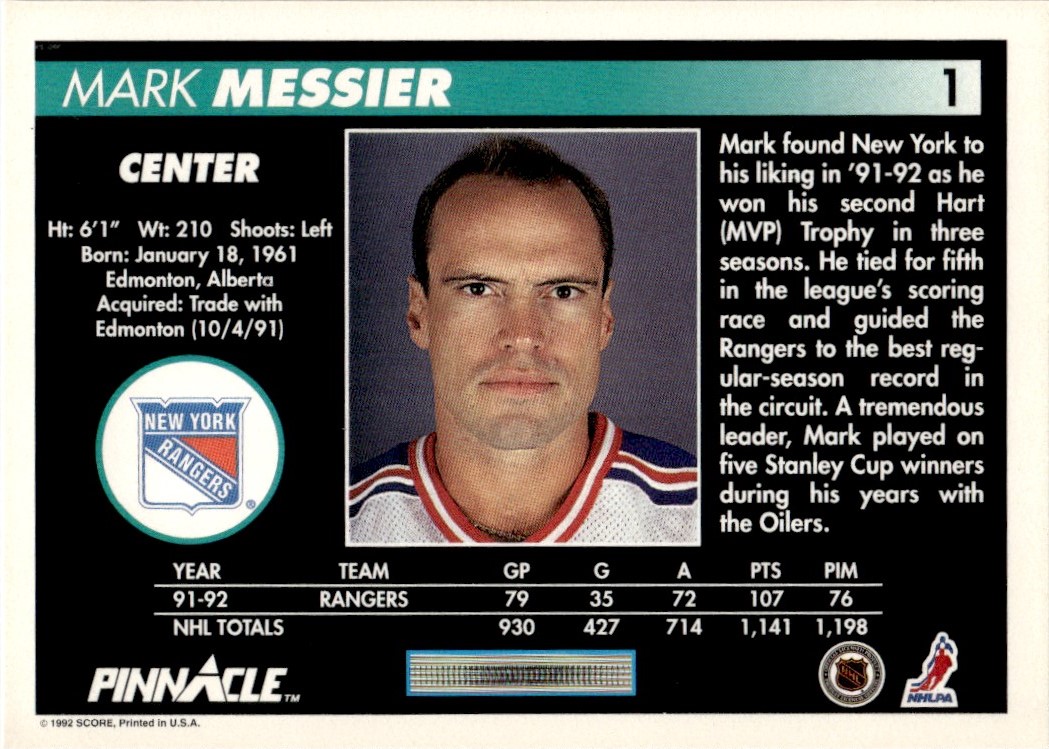 1992-93 Pinnacle Hockey Card Mark Messier #1 on Kronozio