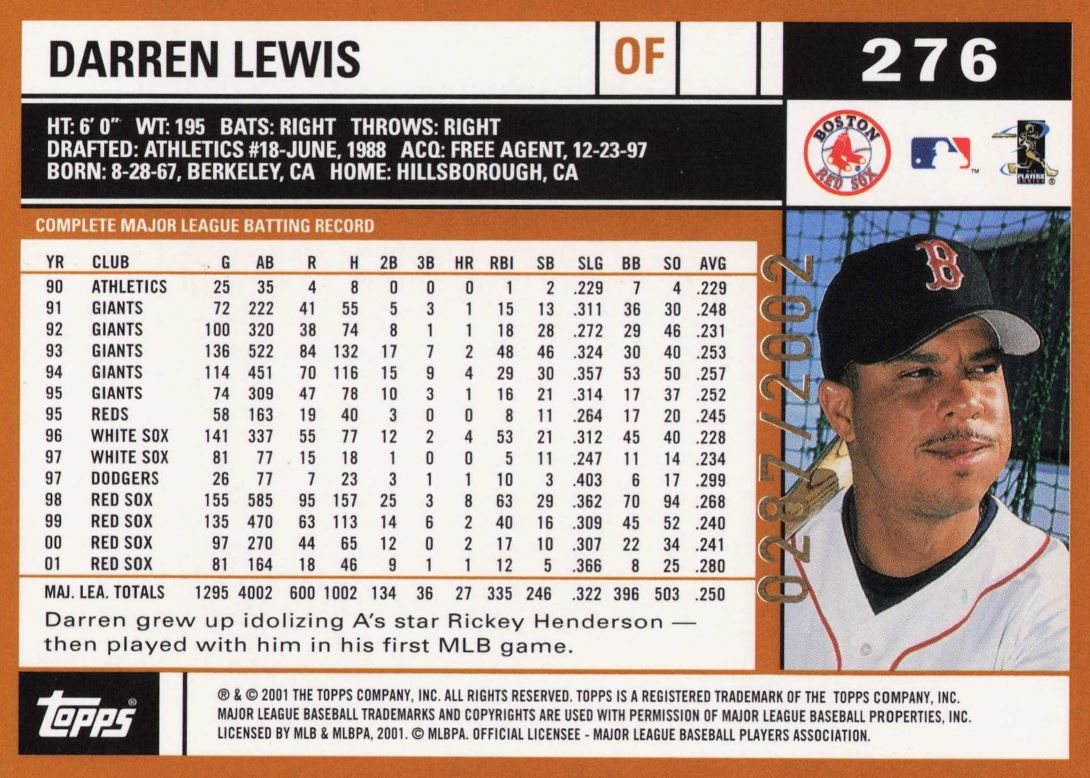 2002 Topps Chrome Gold Refractors Darren Lewis #276 on Kronozio