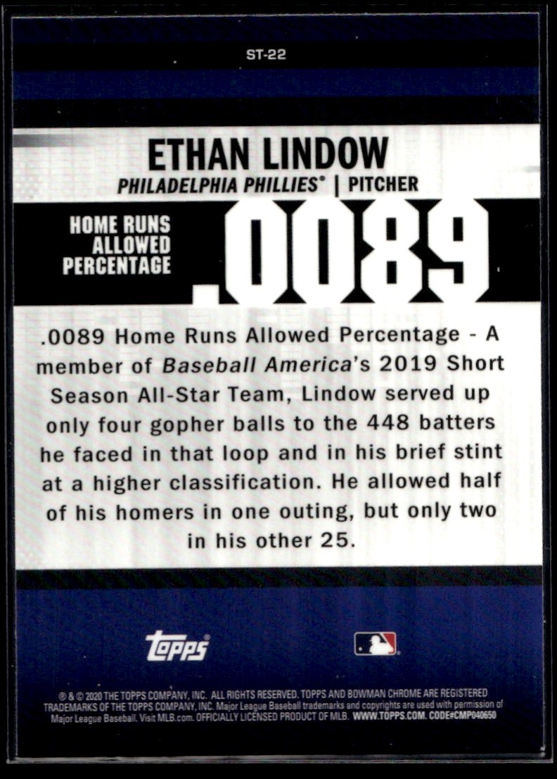 2020 Bowman Chrome Stat Tracker Ethan Lindow #ST-22 on Kronozio