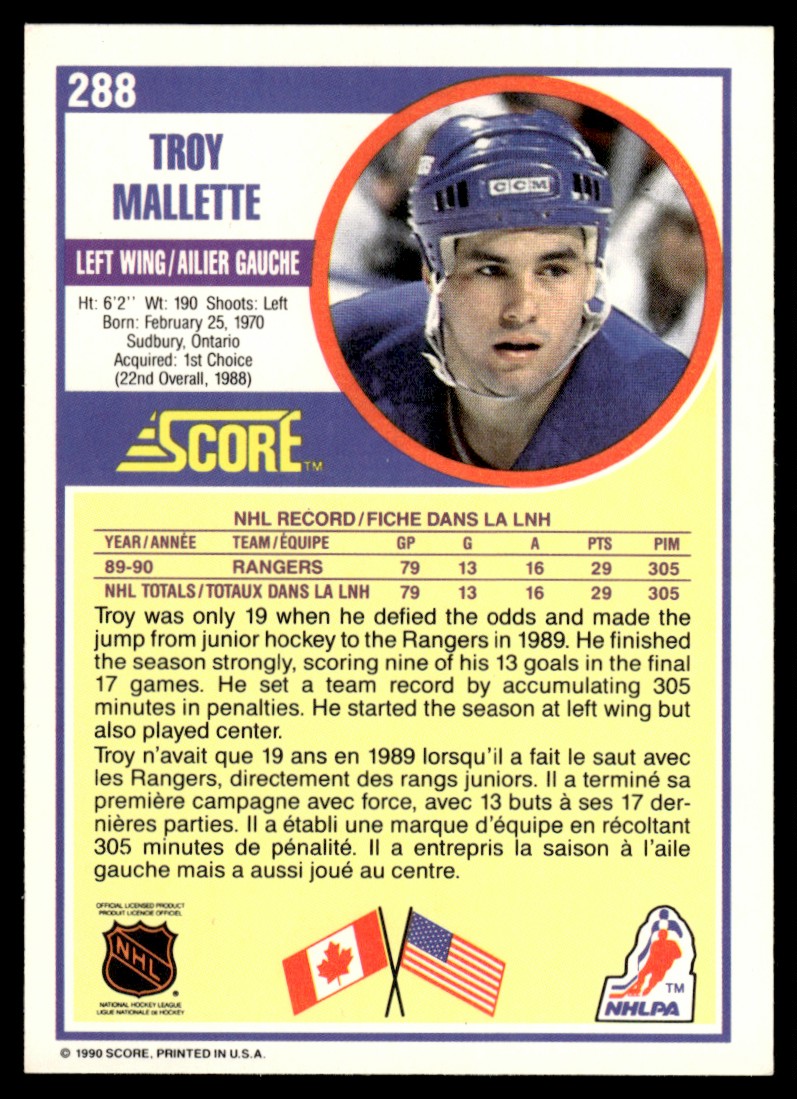 1990-91 Score Bilingual Troy Mallette #288 on Kronozio