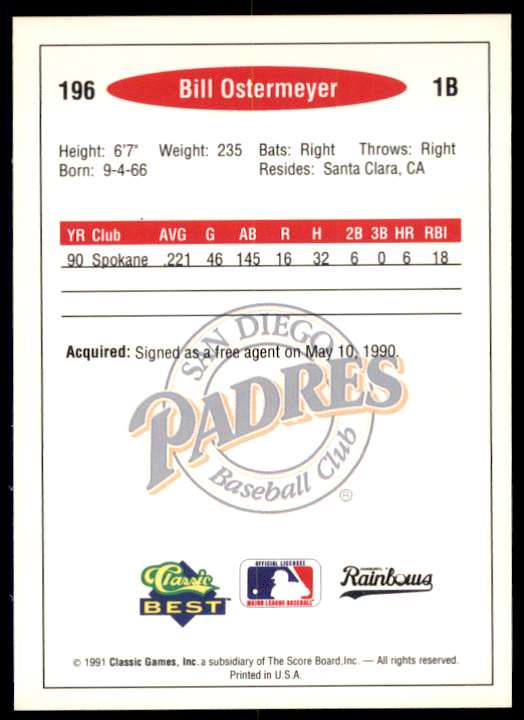 1991 Classic Best Minor League Bill Ostermeyer #196 on Kronozio