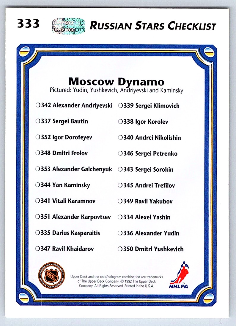1992-93 Upper Deck Russian Stars Russian Stars Checklist #333 on Kronozio