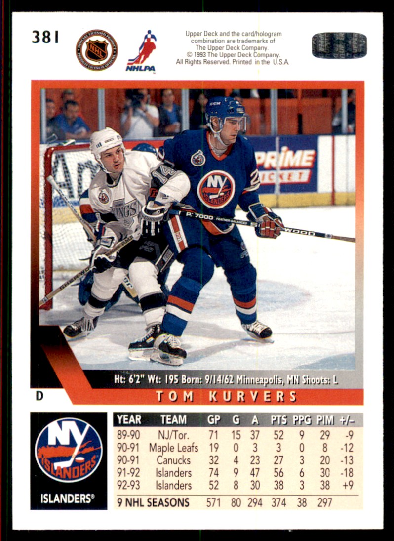 1993-94 Upper Deck Tom Kurvers #381 on Kronozio