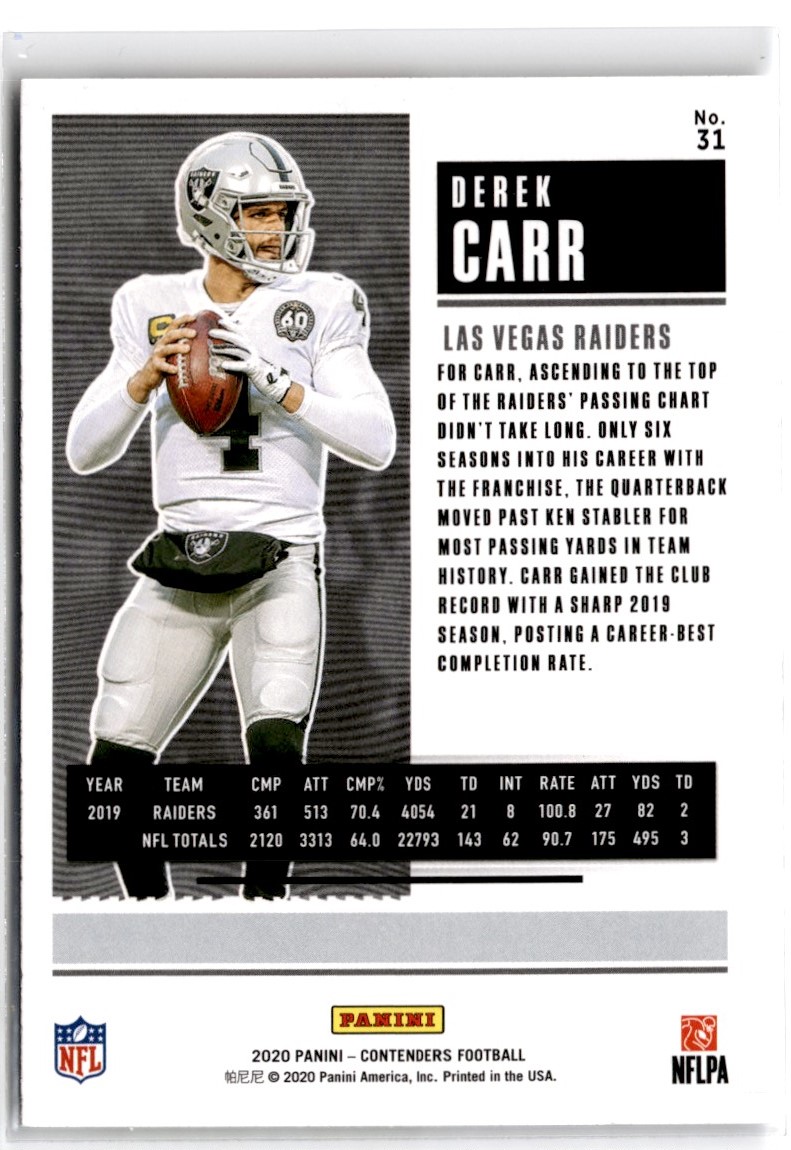 2020 Panini Contenders Season Ticket Derek Carr #31 on Kronozio