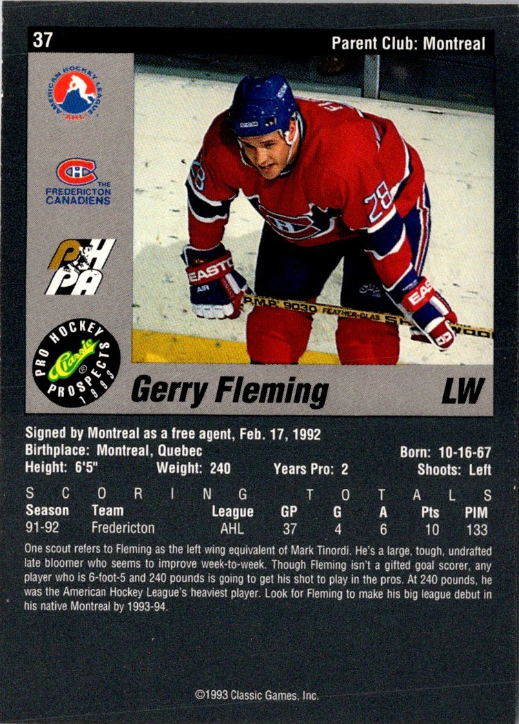 1993-94 Classic Pro Prospects Gerry Fleming #37 on Kronozio