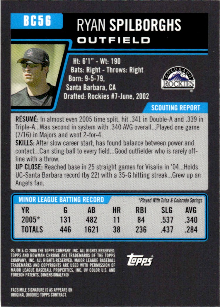 2006 Bowman Chrome Prospects Ryan Spilborghs #BC56 on Kronozio
