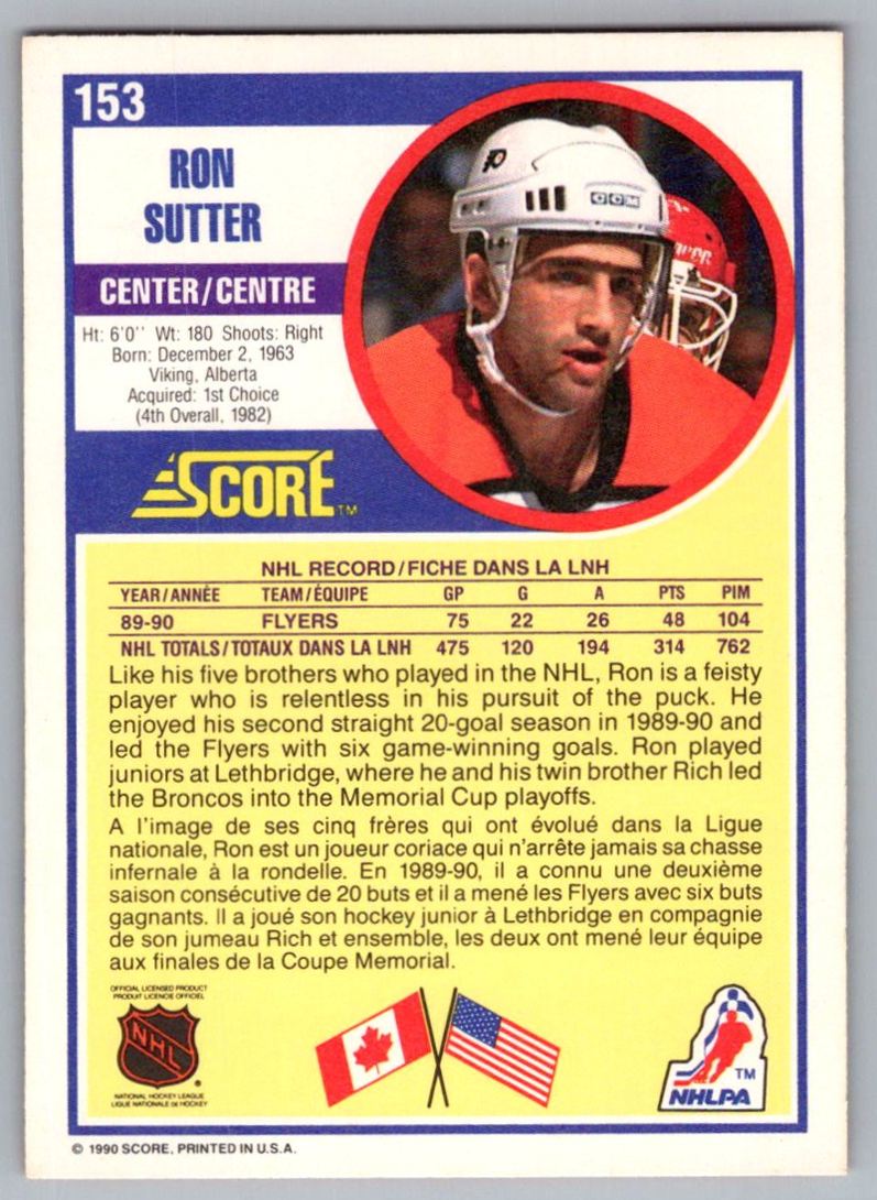 1990-91 Score Canadian Ron Sutter #153 on Kronozio