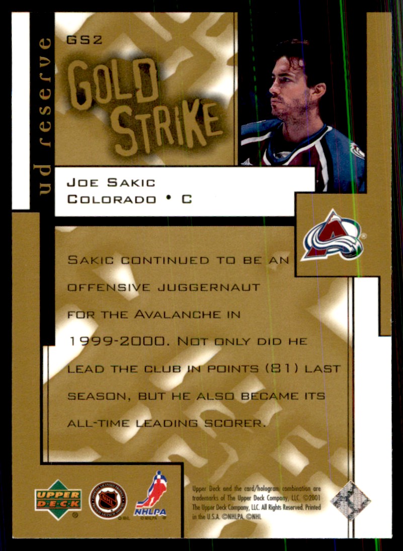 2000-01 UD Reserve Gold Strike Joe Sakic #GS2 on Kronozio