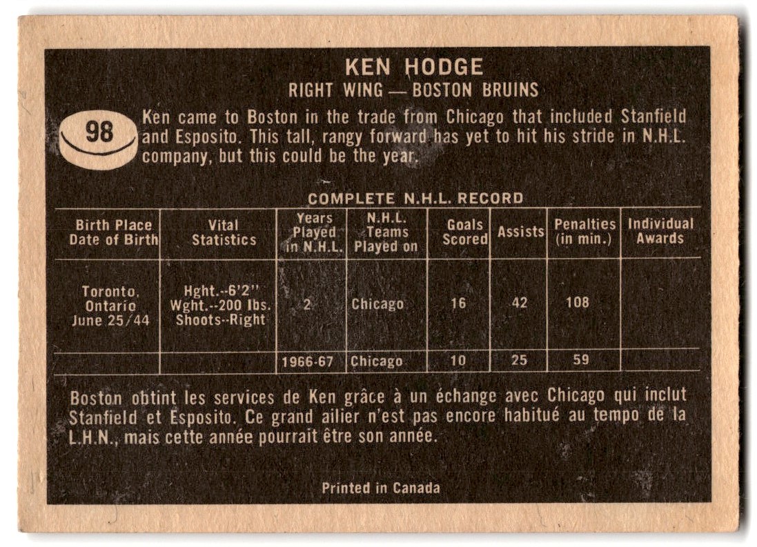 1967-68 Topps Ken Hodge #98 on Kronozio
