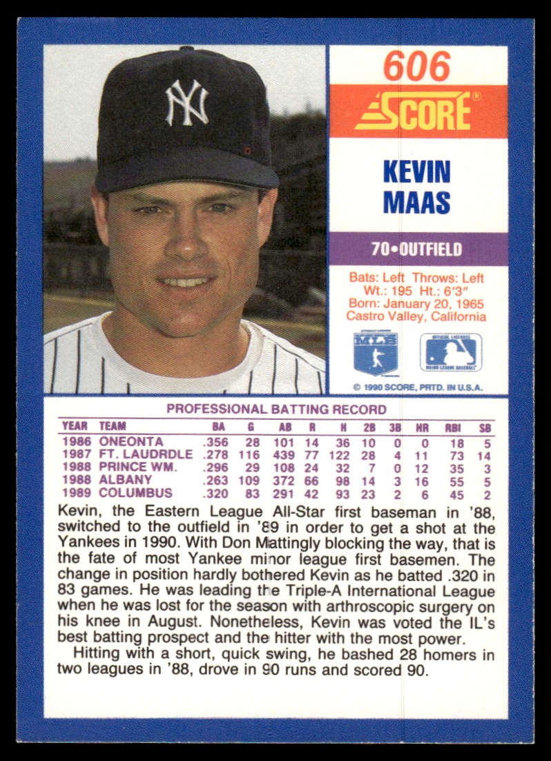 1990 Score Kevin Maas #606 on Kronozio