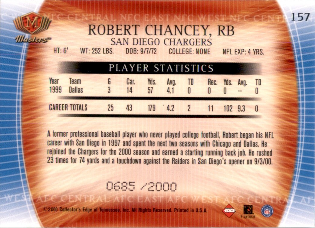 2000 Collector's Edge Masters Football Card Robert Chancey #157 on Kronozio