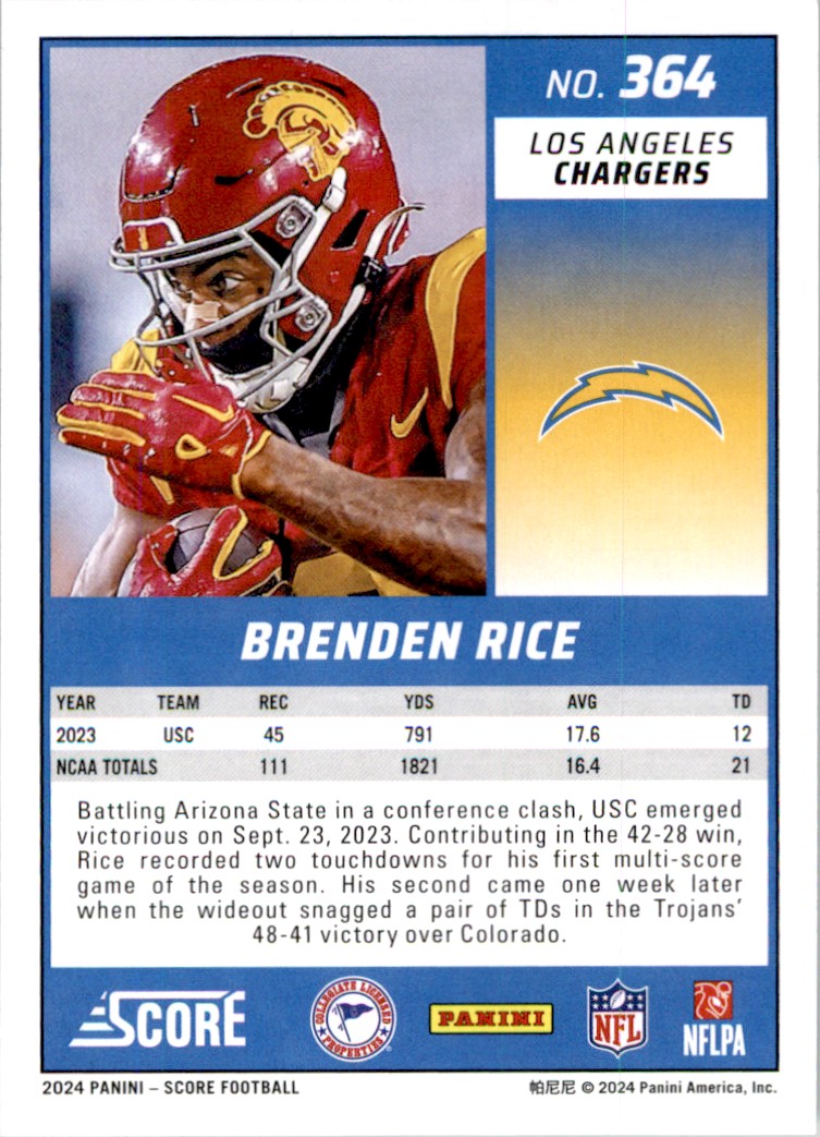 2024 Score Rookie Signatures Brenden Rice #364 on Kronozio