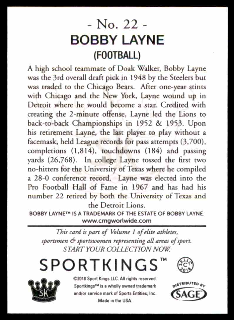 2018 Sportkings Black Back Retail Football Card Bobby Layne #22 on Kronozio