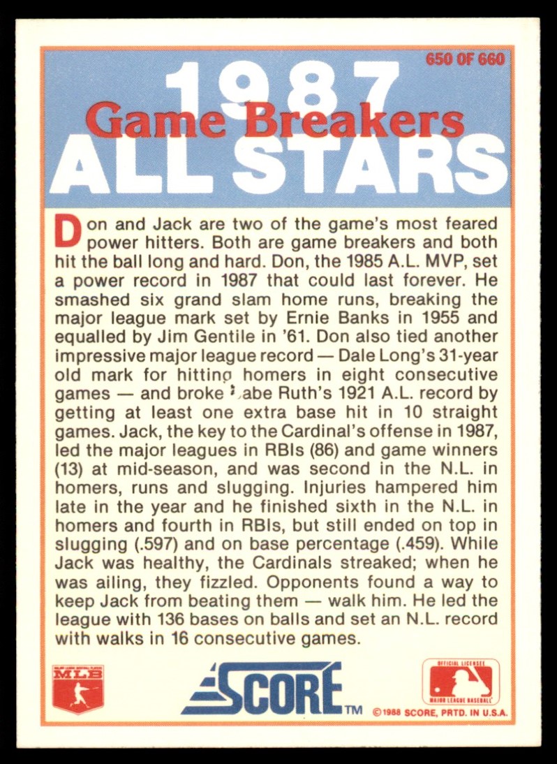 1988 Score 1987 All Stars Game Breakers Don Mattingly/Jack Clark #650 ...