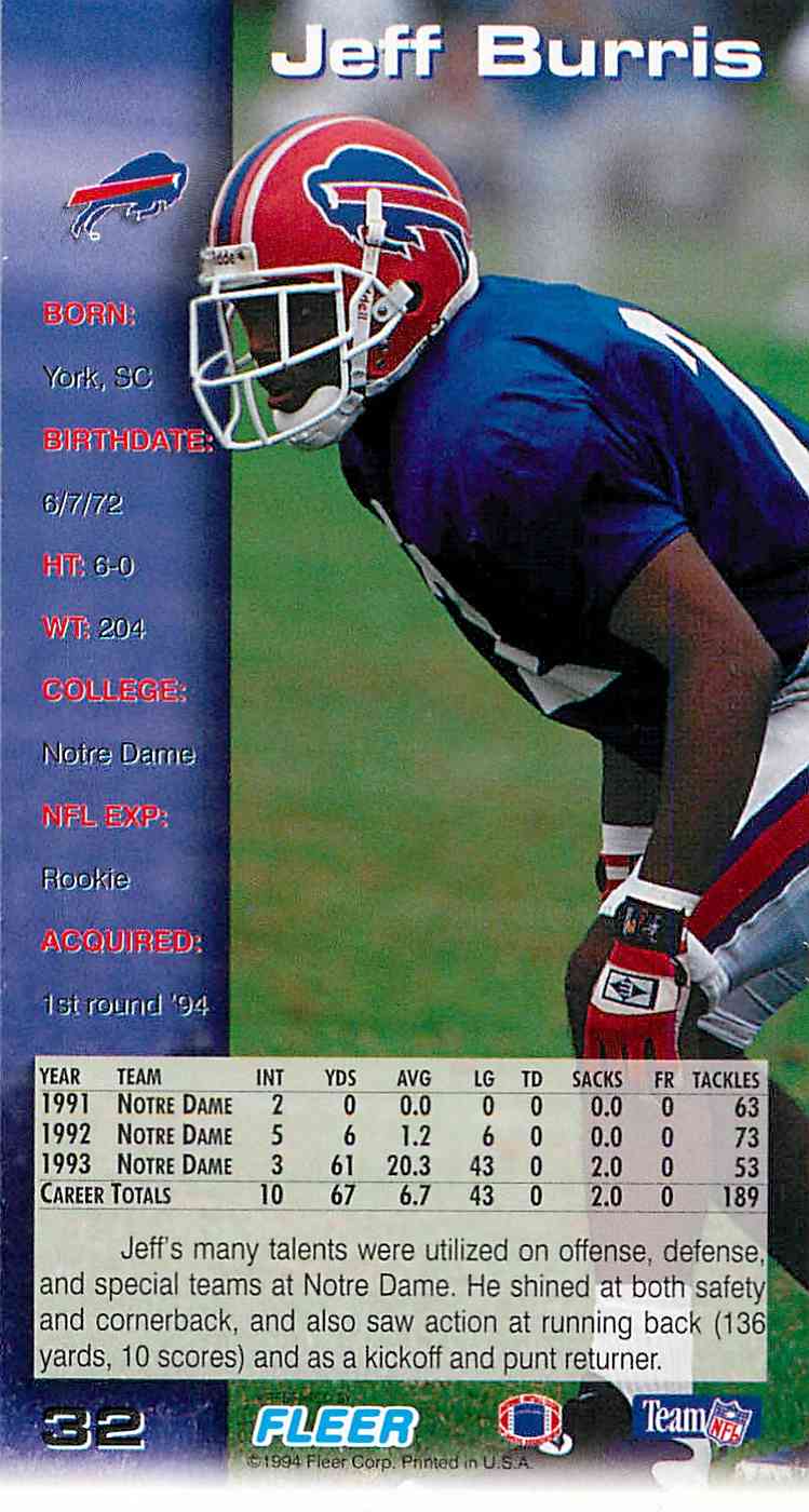 1994 Fleer Gameday Jeff Burris #32 on Kronozio