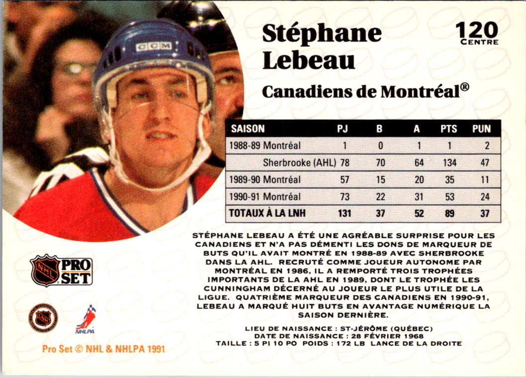 1991-92 Pro Set French Stephan Lebeau #120 on Kronozio
