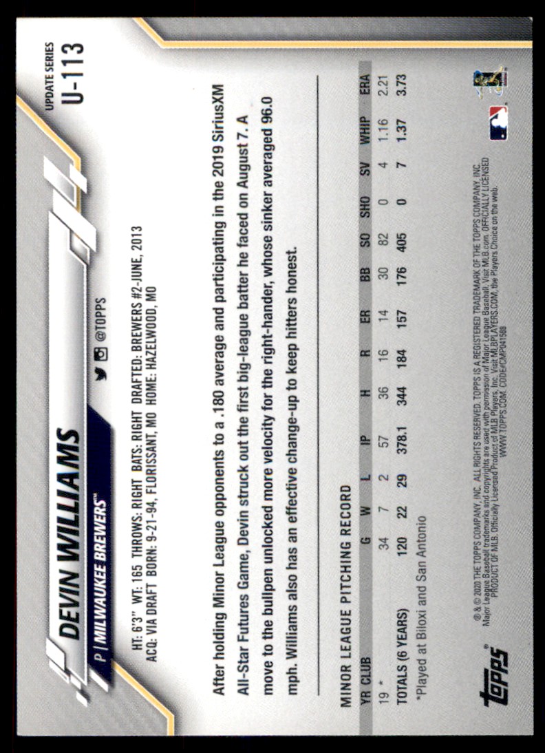 2020 Topps Update Devin Williams #U-113 on Kronozio