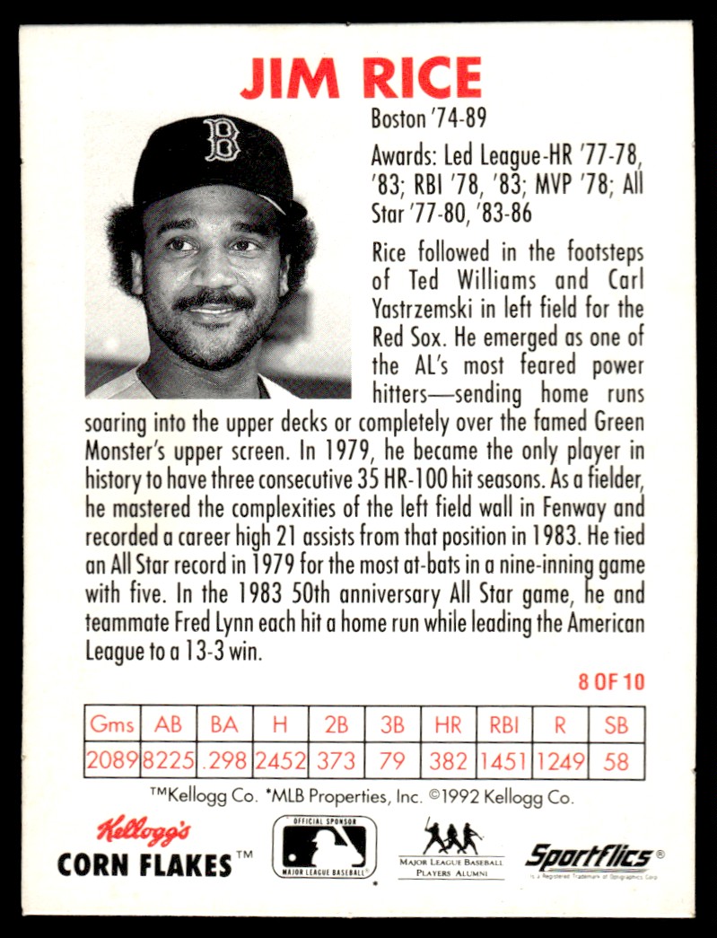 1992 Kellogg's Corn Flakes All-Stars Jim Rice #8 on Kronozio